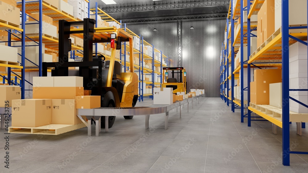 Warehouse with cardboard boxes inside on pallets racks, logistic center ...