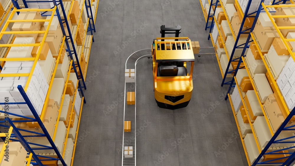 Warehouse with cardboard boxes inside on pallets racks, logistic center ...