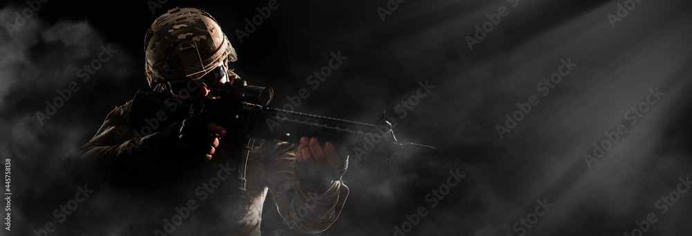 Poster US Army soldier in combat uniforms holding machine gun ready to ...