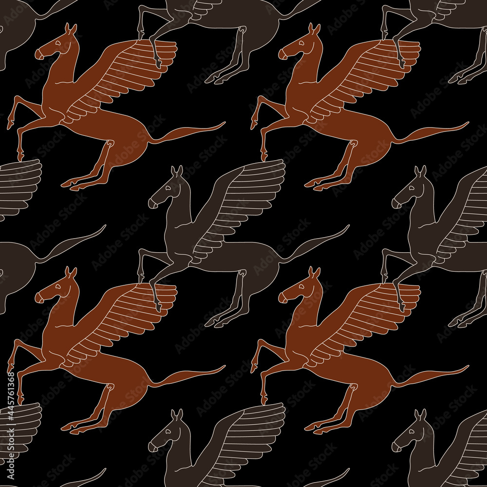 Seamless animal pattern with silhouettes of ancient Greek winged horse ...