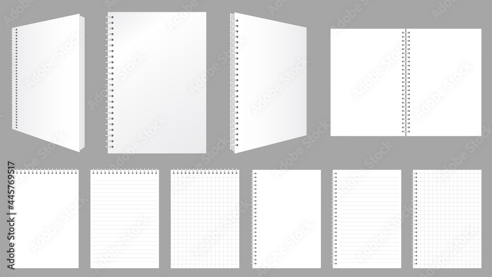 Blank spiral notebook covers, sheets and pages with lines and checks ...