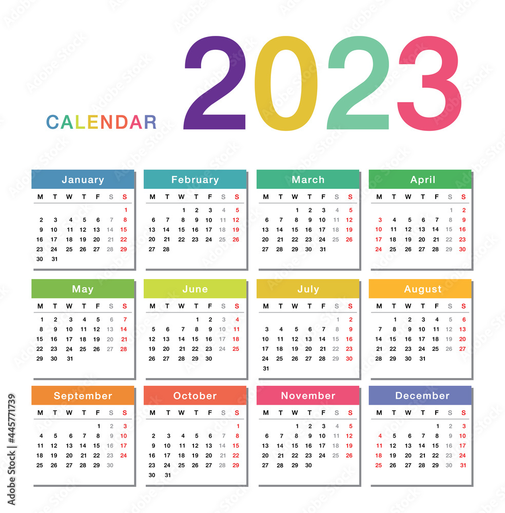 Colorful Year 2023 Calendar Horizontal Vector Design Template Simple 