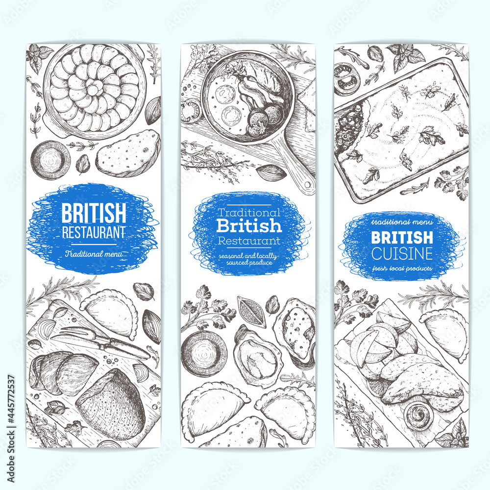 British cuisine top view vertical banners collection. Food menu design ...