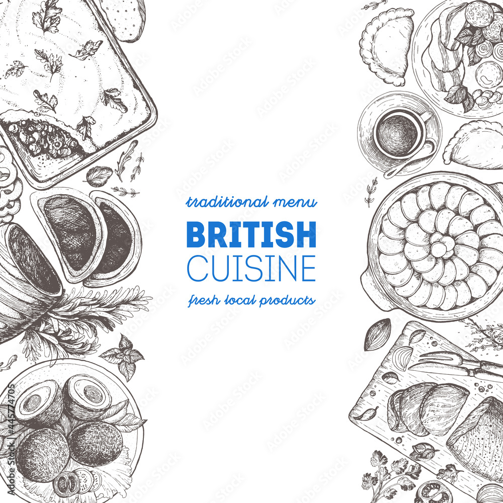 British cuisine top view. Food menu design with traditional british ...