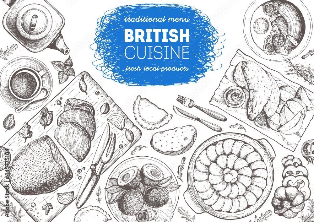 British cuisine top view frame. Food menu design with traditional ...