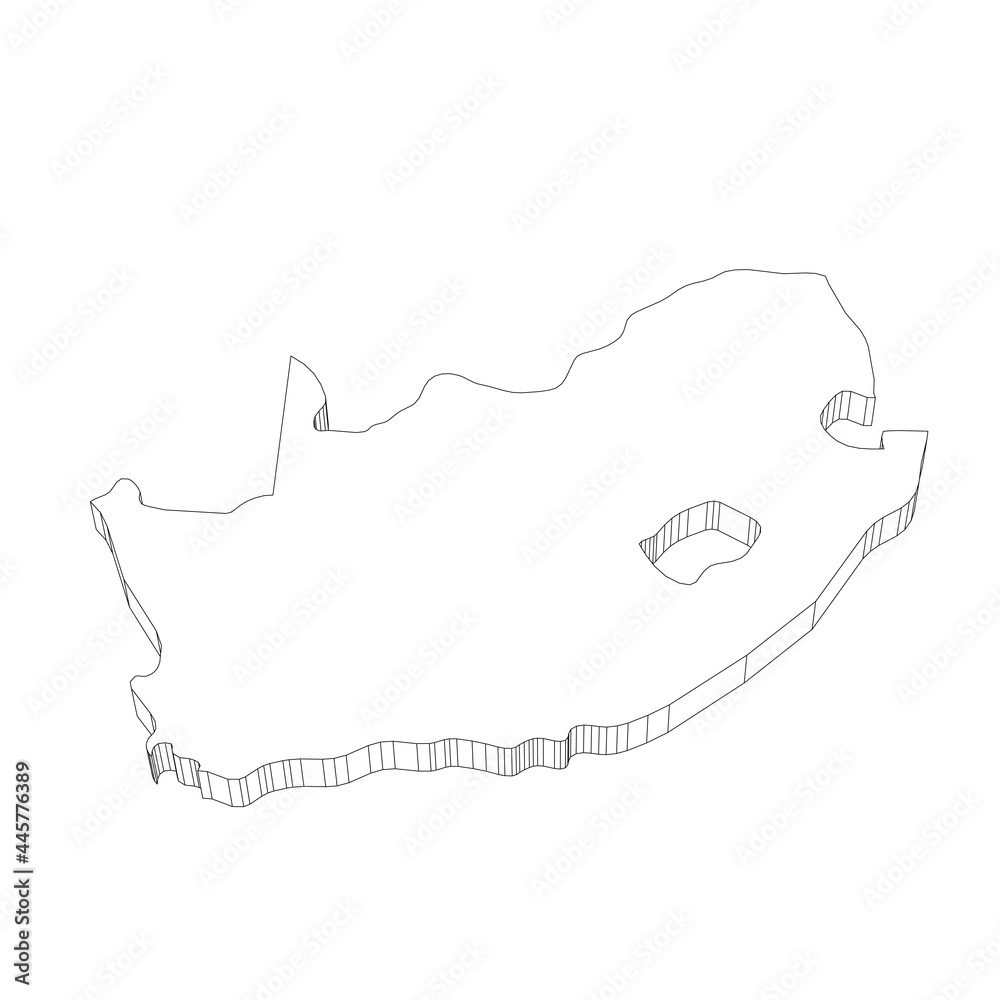 South Africa - 3D black thin outline silhouette map of country area ...