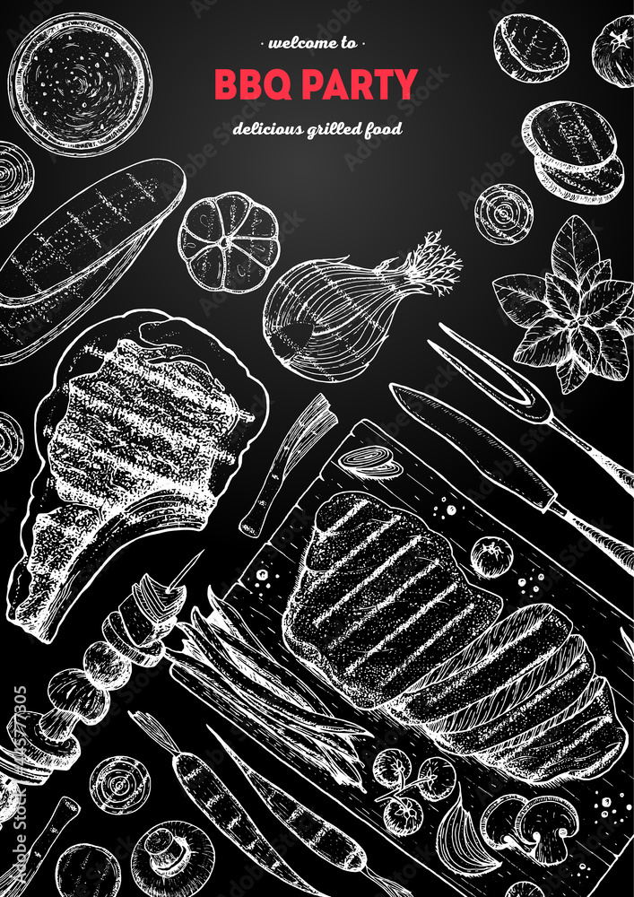 Grilled meat and vegetables top view frame. Vector illustration ...
