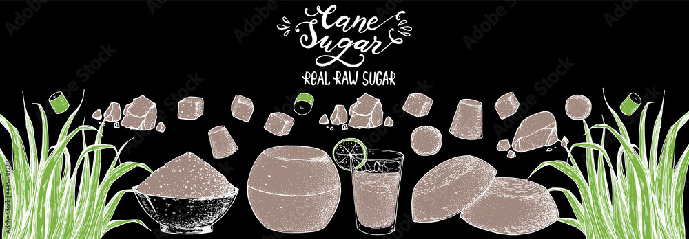 Brown Sugar Organic Unrefined. Sugar cane sketch. Hand drawn vector ...