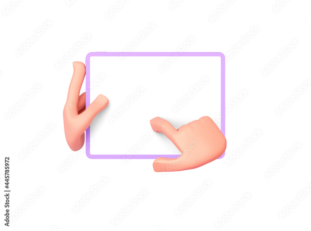 3d render, a cartoon hand holds a tablet in landscape orientation, the ...