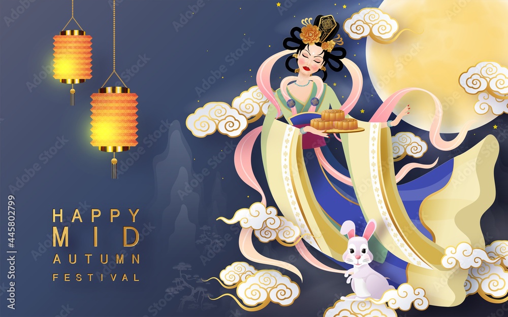 Mid Autumn festival moon goddess chang e with rabbit and moon, mooncake ...