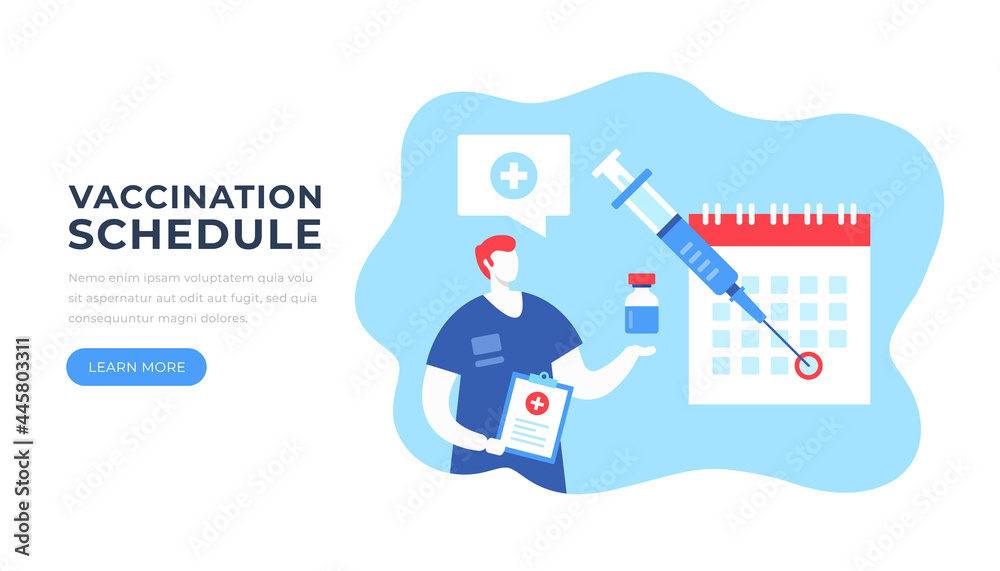 Vaccination schedule. Medical worker with clipboard, vaccine bottle and ...
