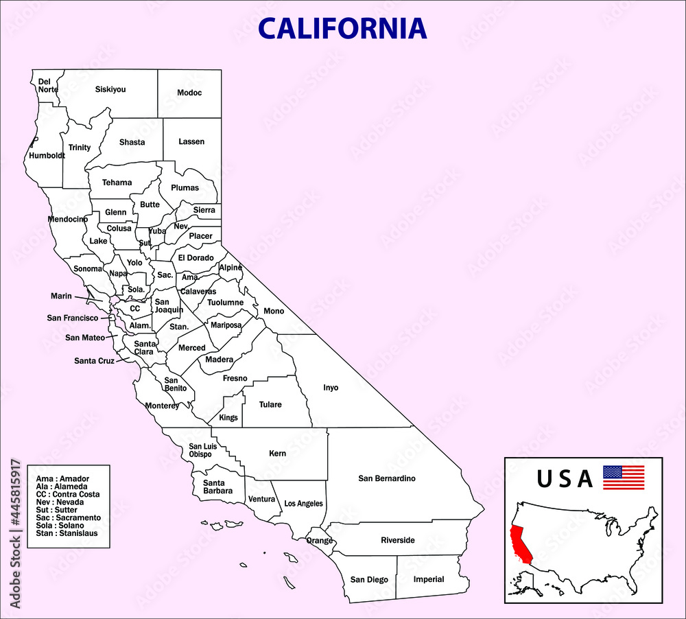 California map. California District map in white color. District map ...
