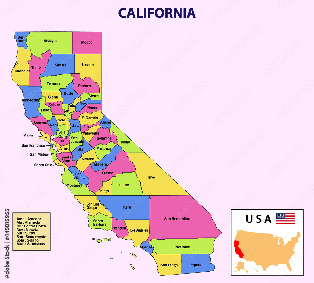 California Map. State and district map of California. Administrative ...