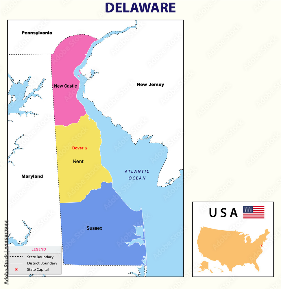 Delware map. Political map of Delware in USA. Stock Illustration ...