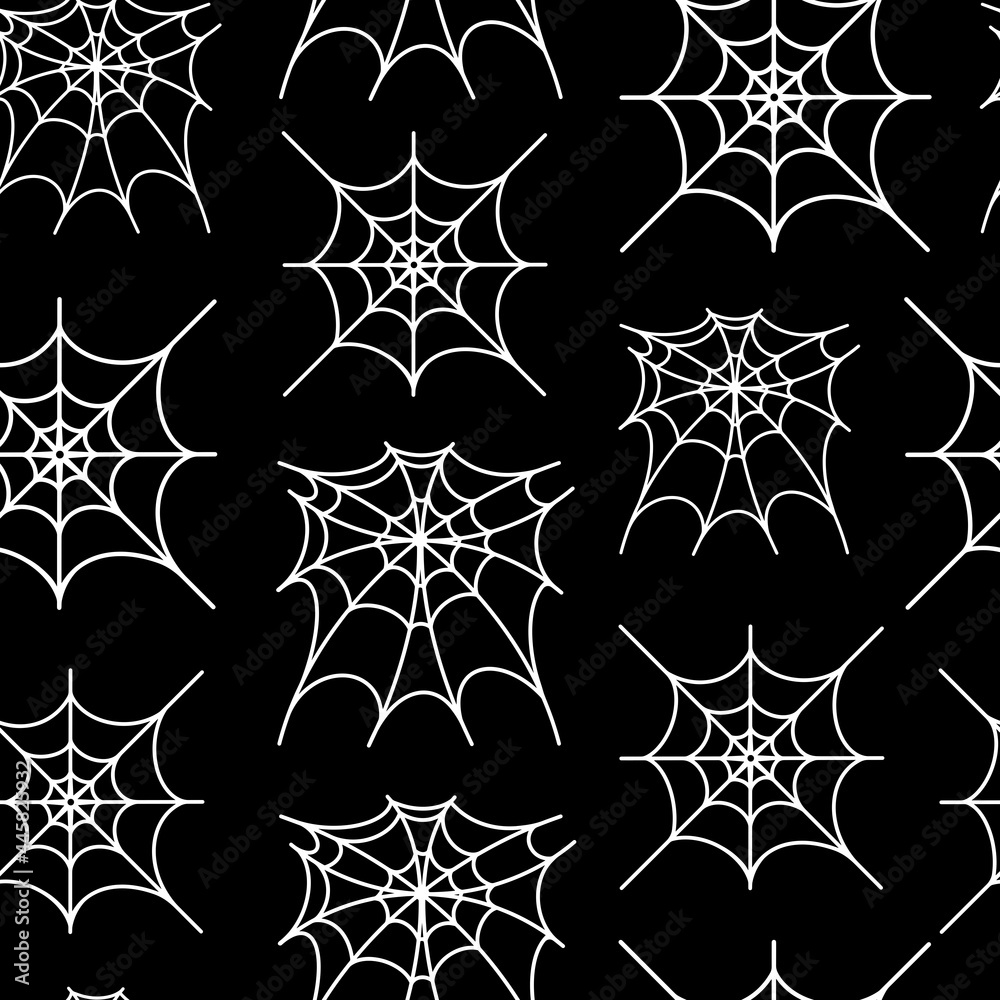 White spider web on black background seamless vector pattern. Hand ...