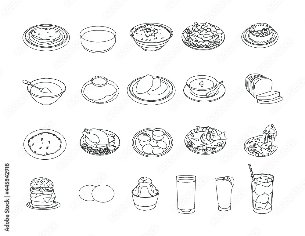 Food and beverages line drawing clipart set - Roti, pulse, rice, salad ...