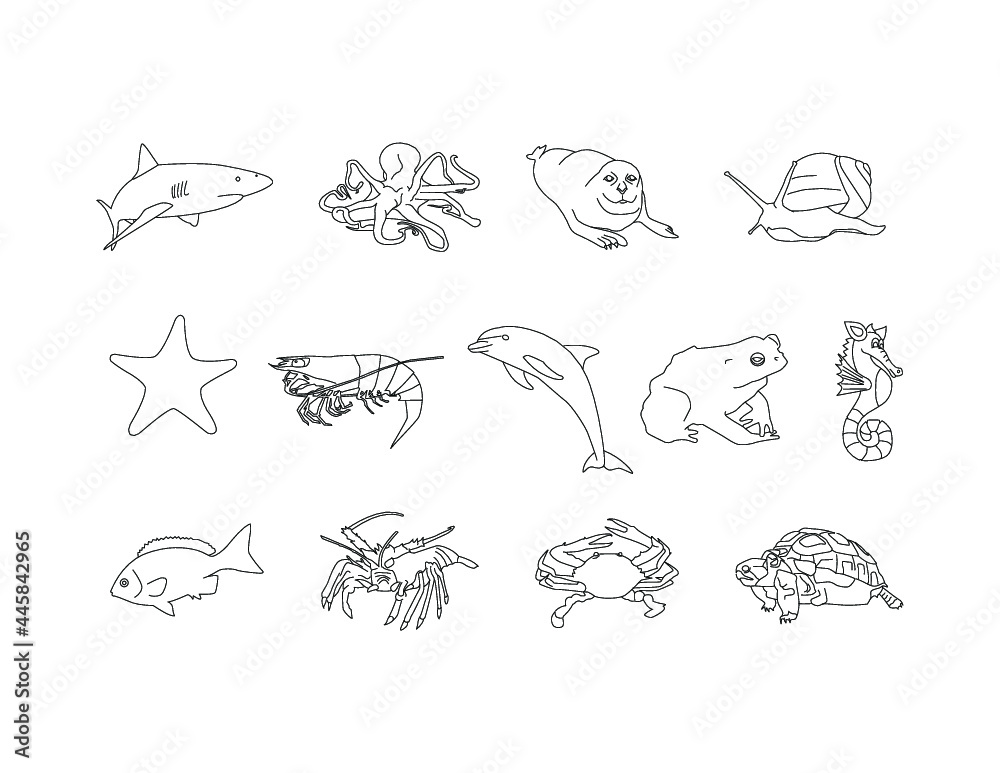 See Creatures line art clipart set - Shark, octopus, sea loin seal ...