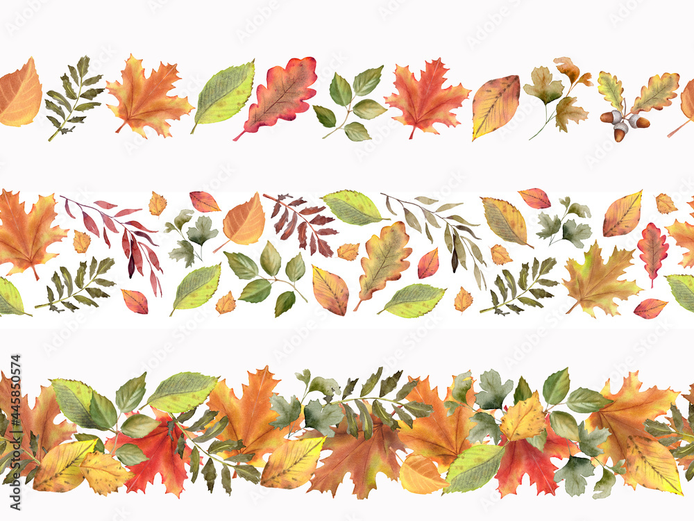 Fall leaves horizontal border. Autumn watercolor illustration. Seamless ...
