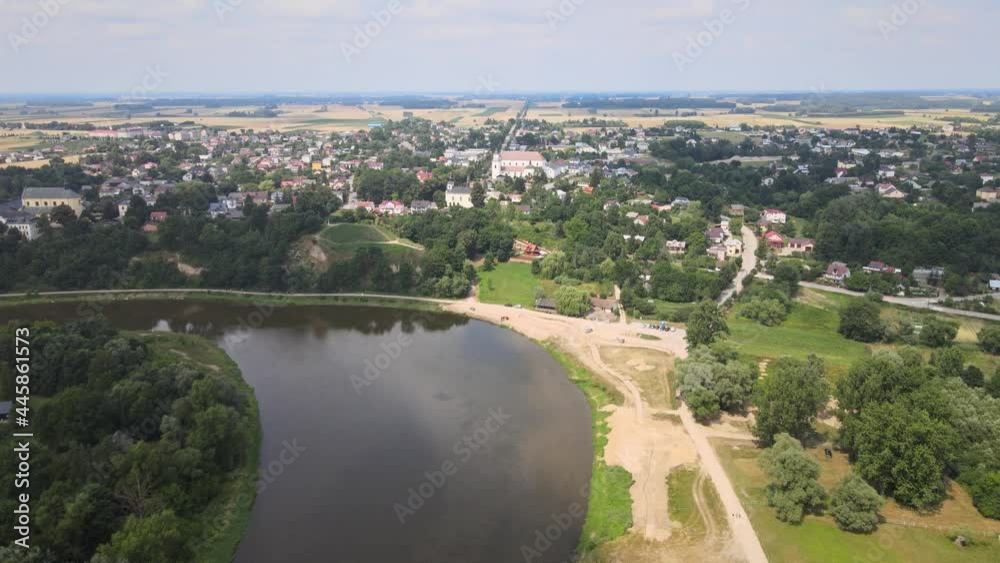 Top view of the city of Drohiczyn on the Bug River.Over the river rises ...