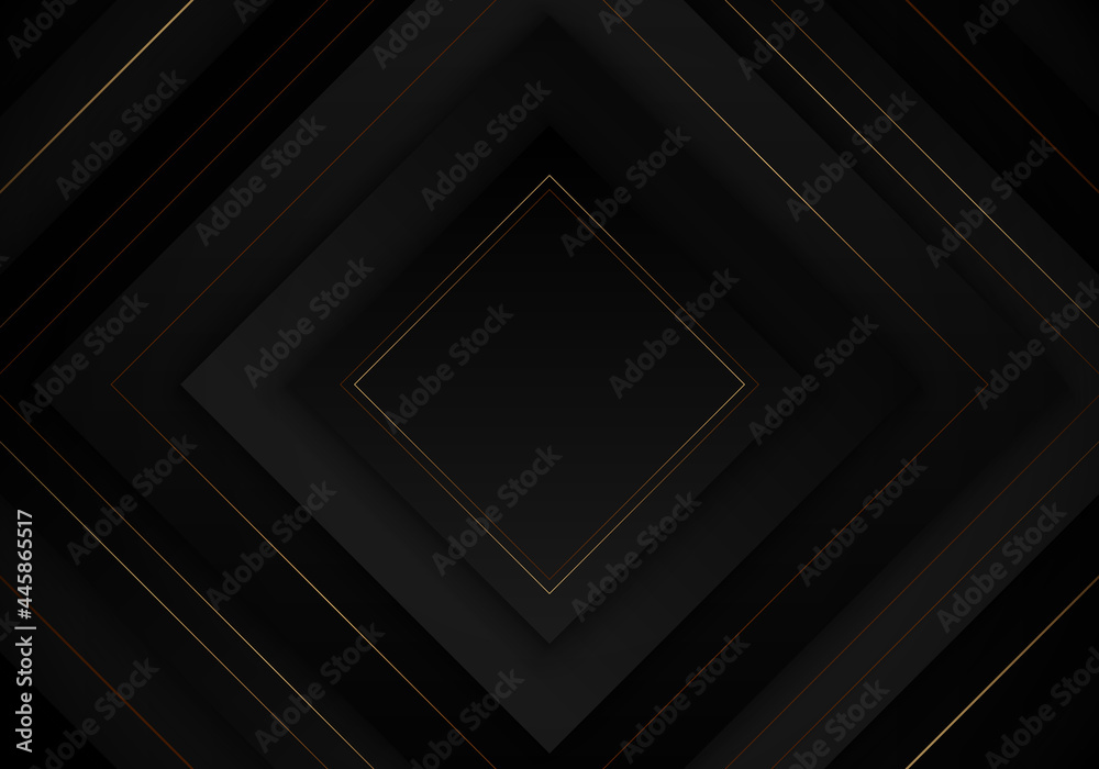 3D elegant abstract black square layered with golden lines on dark ...