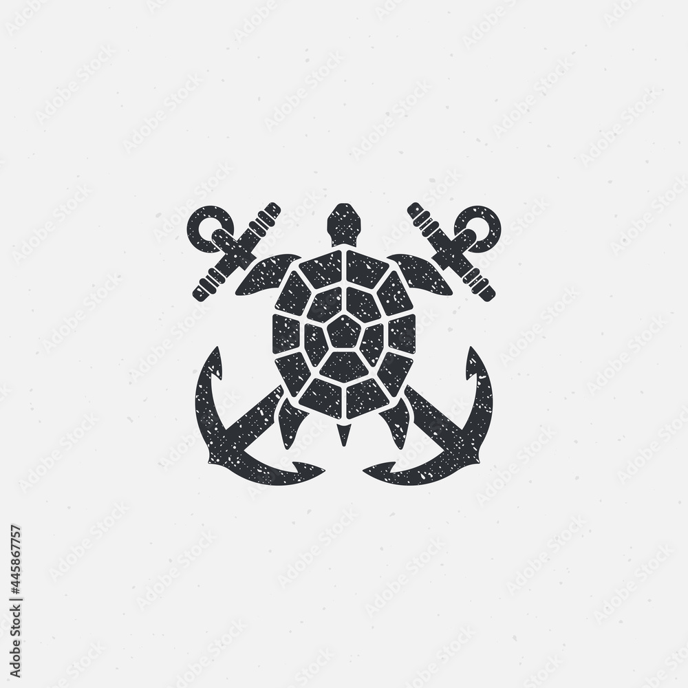 Black and gray illustration of crossed anchors, turtle on a background ...