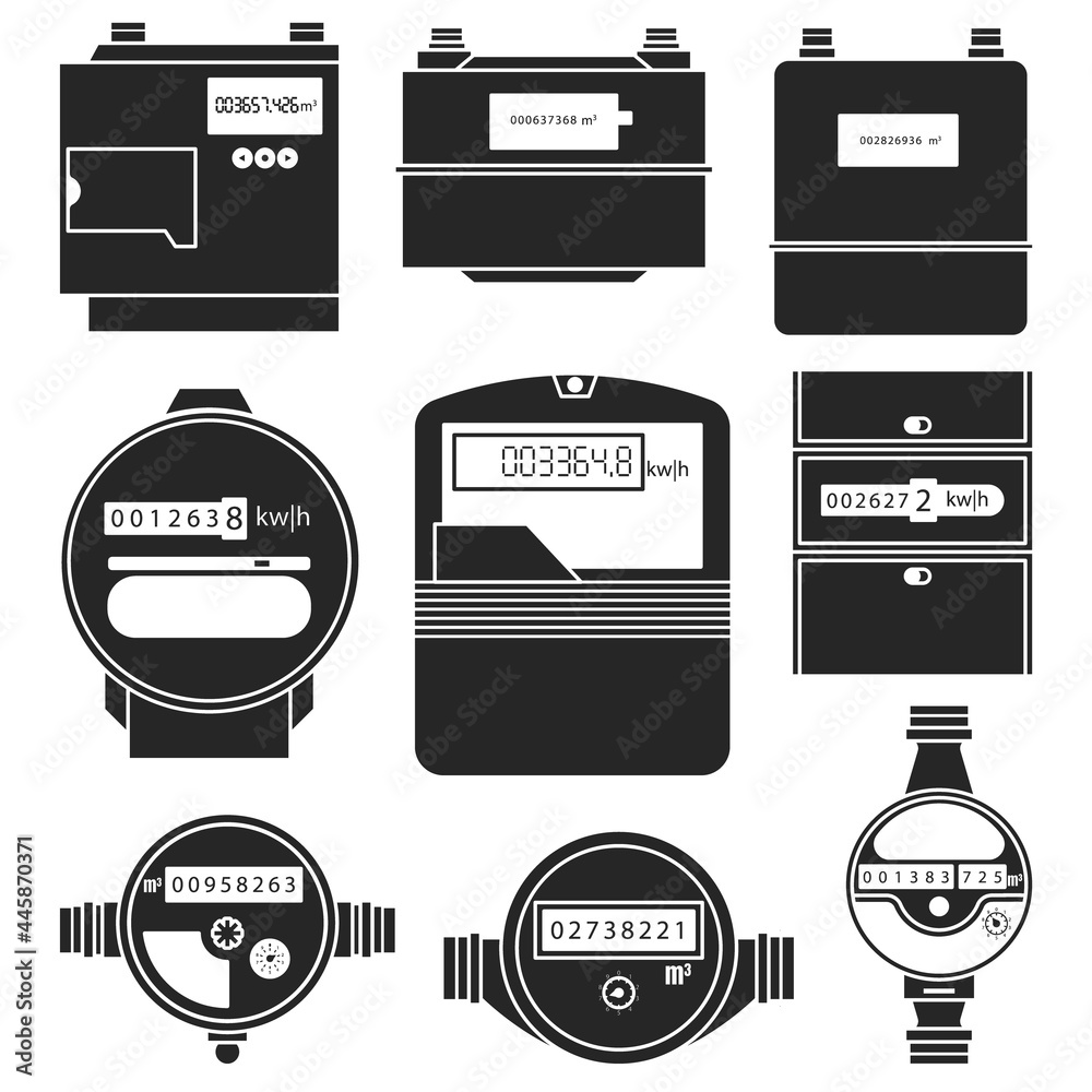 Electric power, gas, water meter vector black set icon. Vector ...