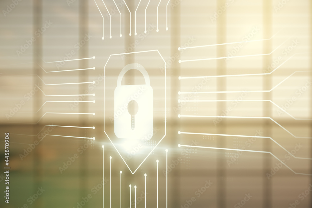 Virtual creative lock symbol and microcircuit illustration on empty ...