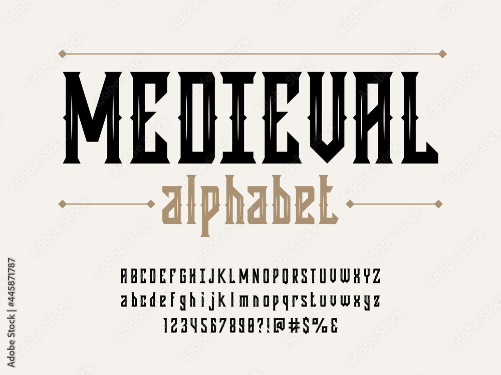 Gothic medieval style alphabet design with uppercase, lowercase ...