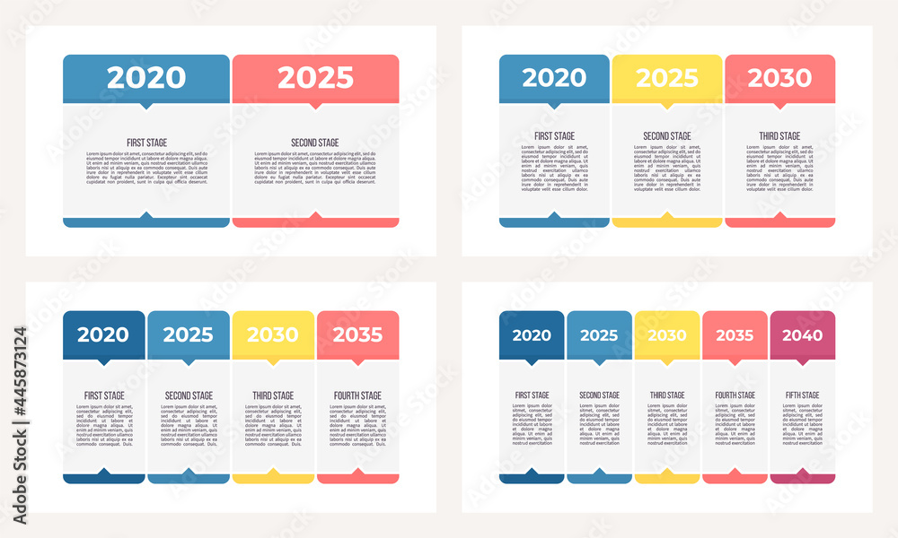 Business process. Chart with 2, 3, 4, 5 steps, options, sections ...