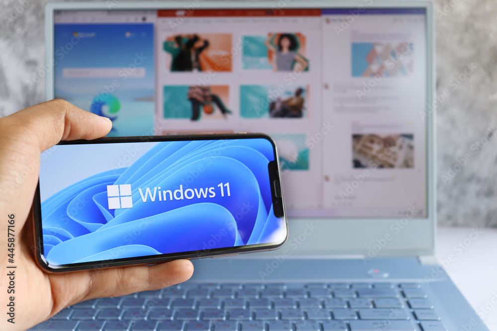 New Microsoft Windows 11 logo on computer screen and Windows 11 logo is ...