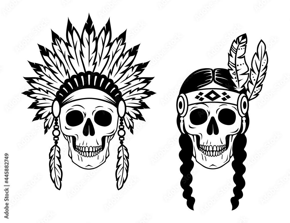 Stockvector Couple of indian skulls. Male and female skulls in tribal ...