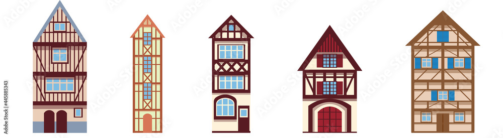 Set of cozy half-timbered houses isolated on a white background ...