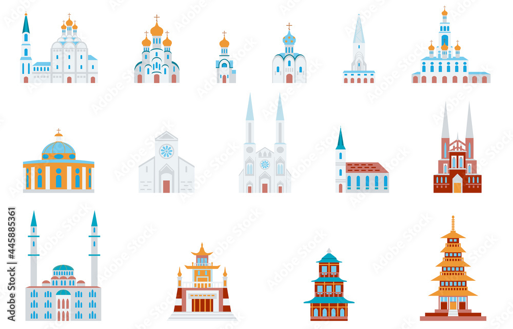 Set of religious buildings of the world Churches Catholic and Christian ...