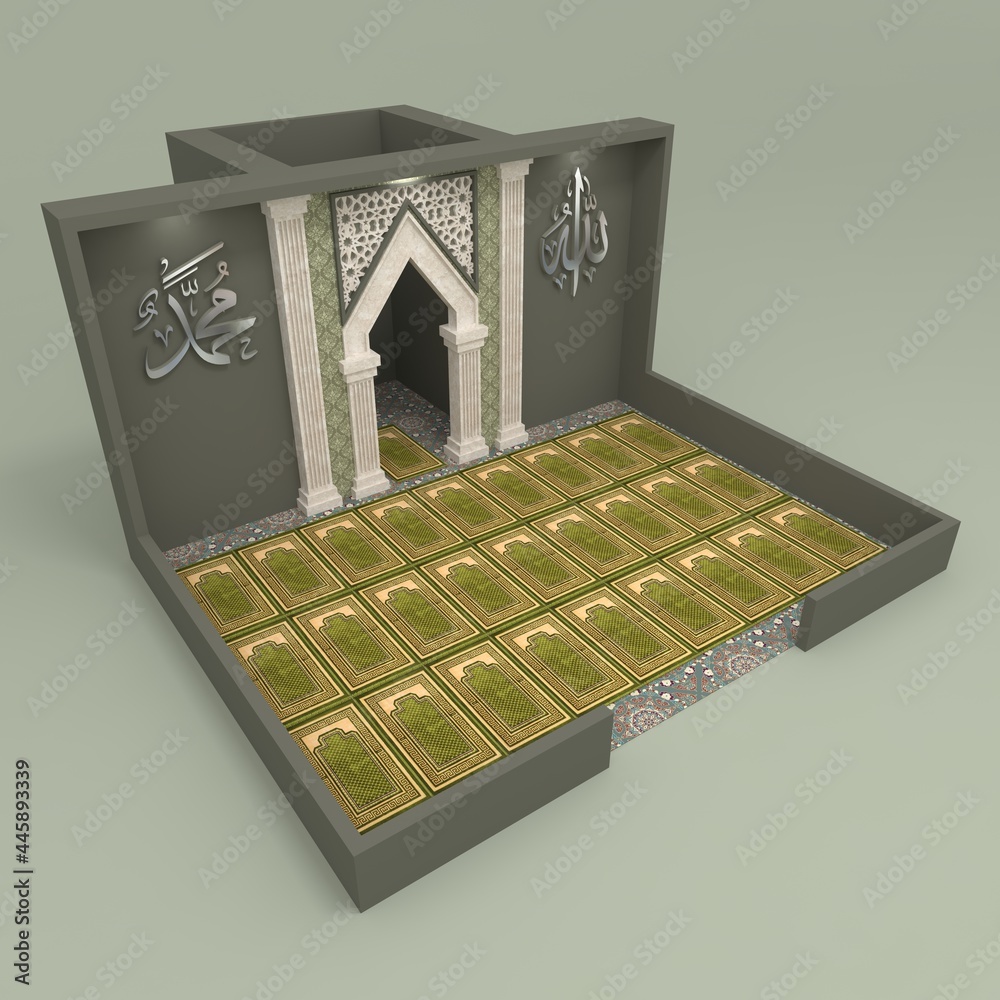 3d illustration inside mosque room layout islamic ornament decoration ...