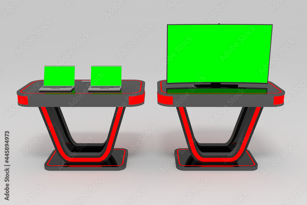 3d illustration stand booth display laptop led tv with green screen hi ...