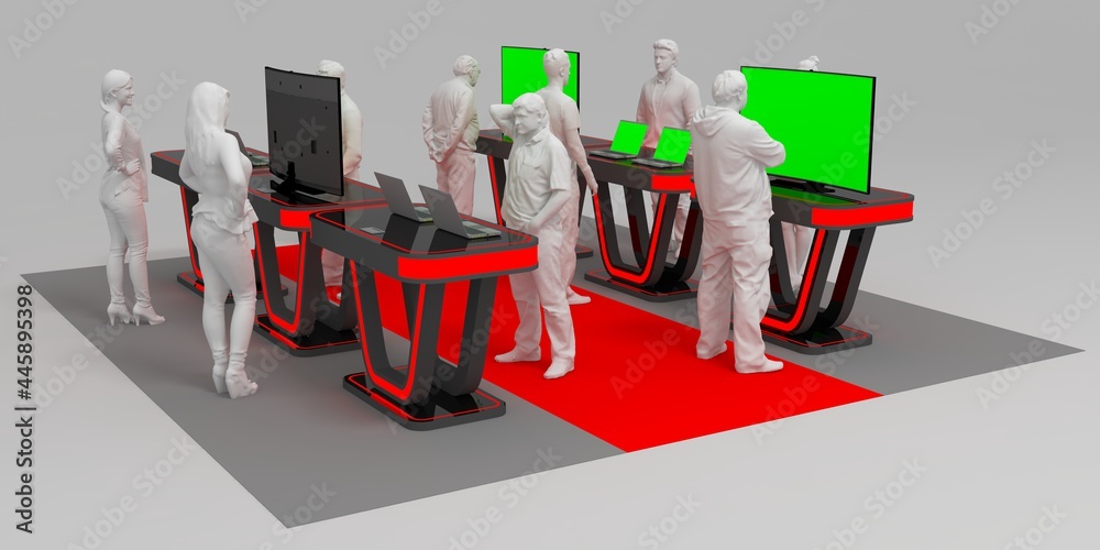 3d illustration stand booth display laptop led tv with green screen hi ...