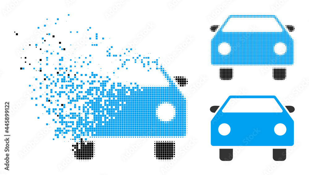 Fractured pixelated car glyph with wind effect, and halftone vector ...