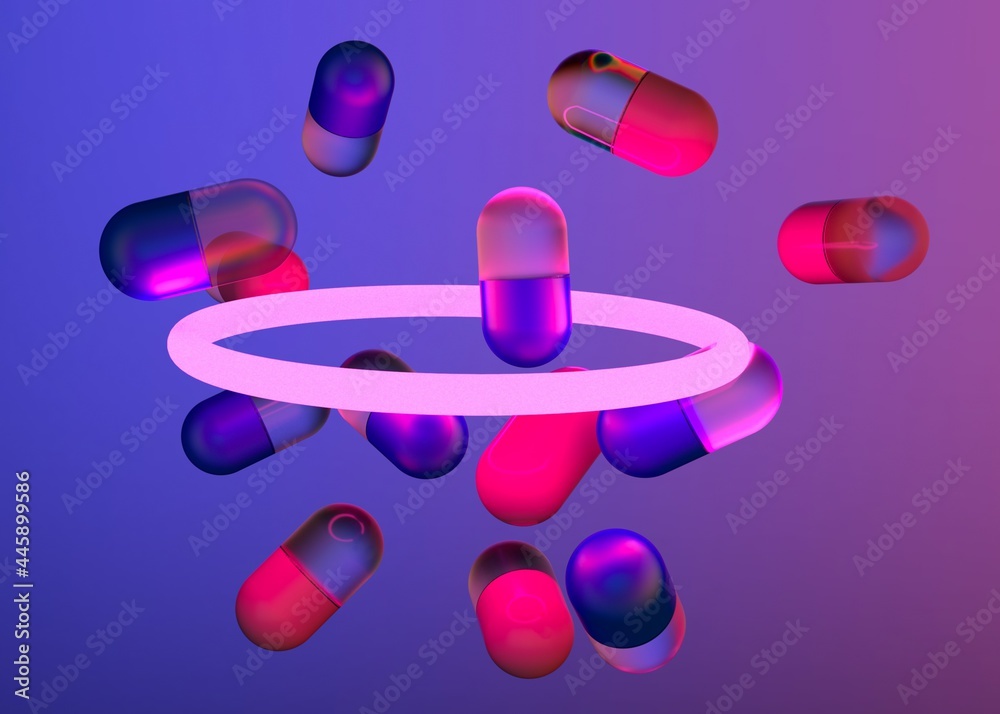 Heap of colorful capsules and neon ring floating in the air. 3D ...