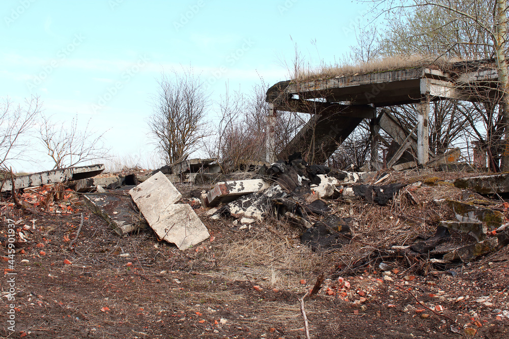 Farm building destroyed by weather after economic crisis. Fragments of ...