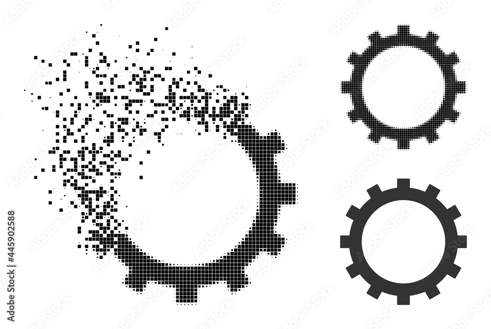 Vecteur Stock Dissolving pixelated gear icon with destruction effect ...