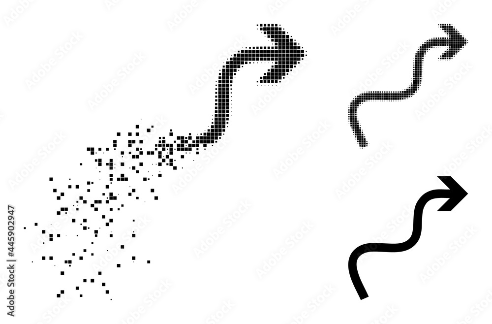 Disappearing pixelated curve arrow icon with wind effect, and halftone ...