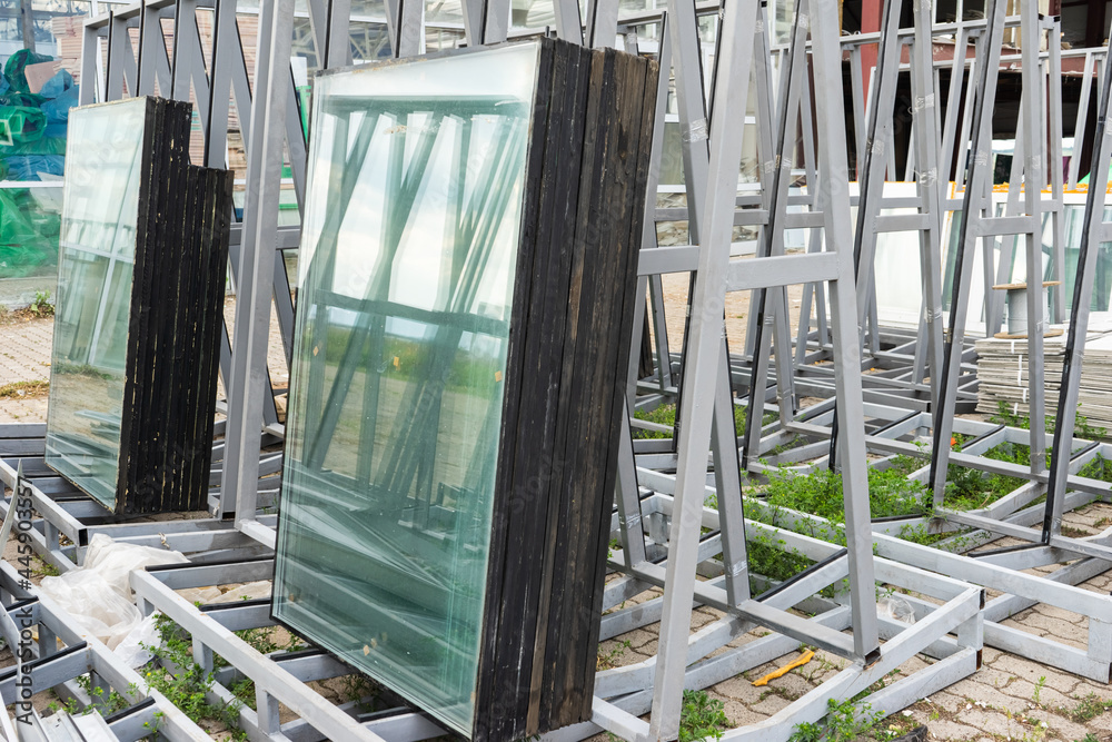 double-glazed windows at a construction site. Double glazed glass ...
