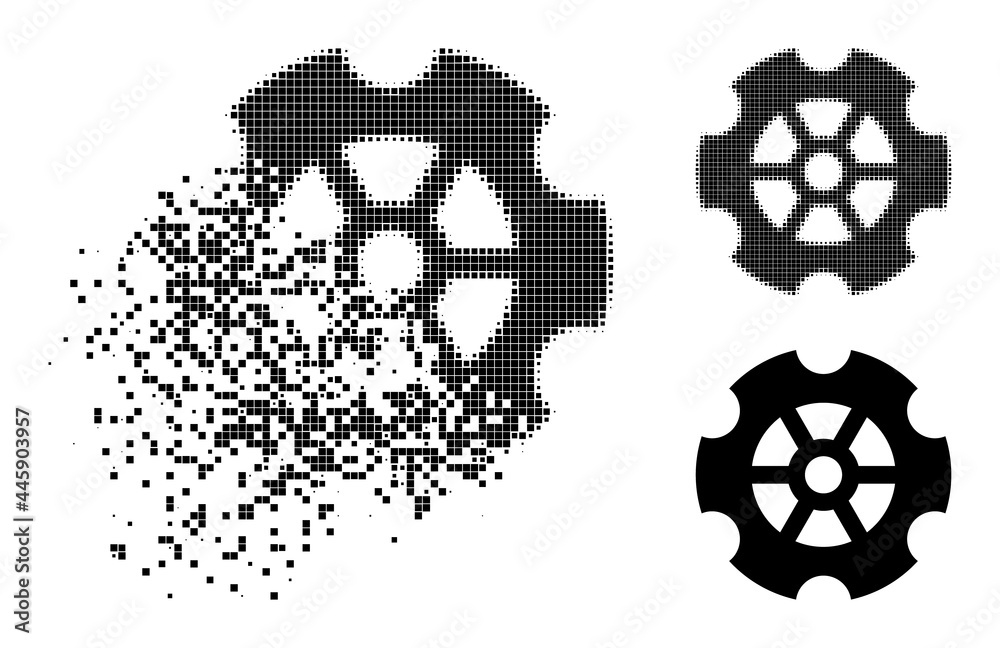 Decomposed pixelated gear pictogram with destruction effect, and ...