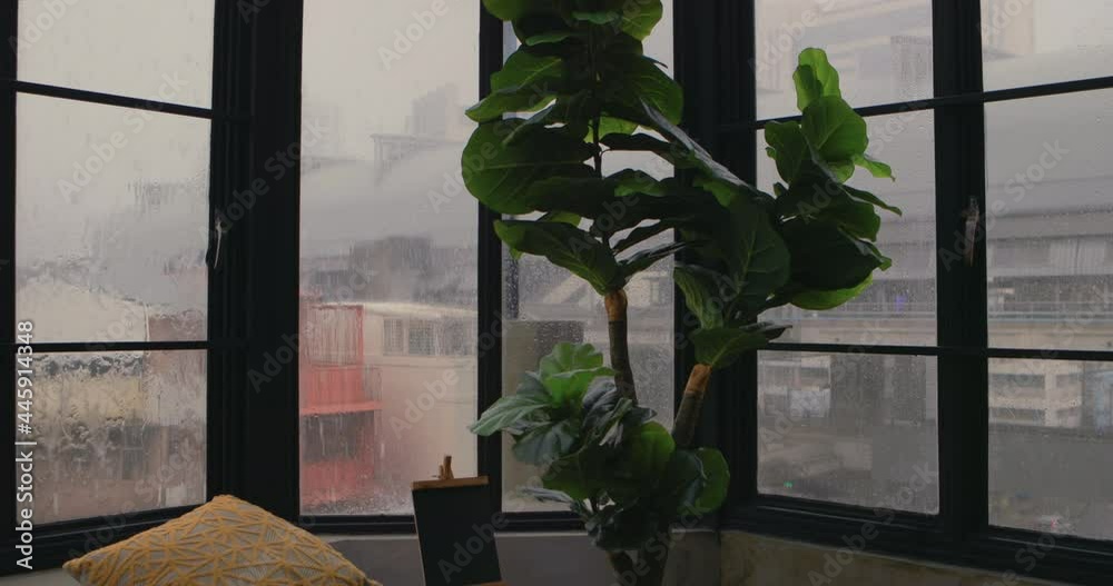 Vidéo Stock The interior of cute city apartment with large panoramic ...