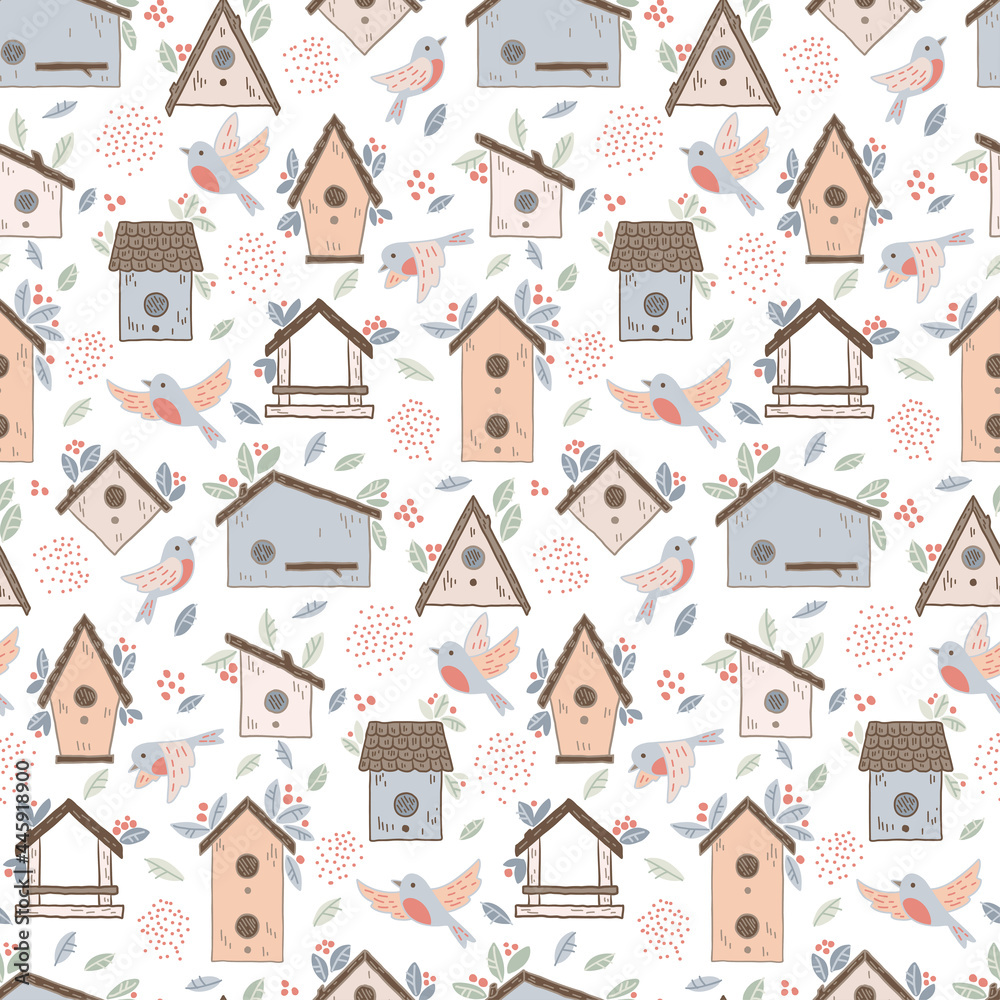 Birds and starling houses pattern. Colorful birdhouses, cute birds and ...