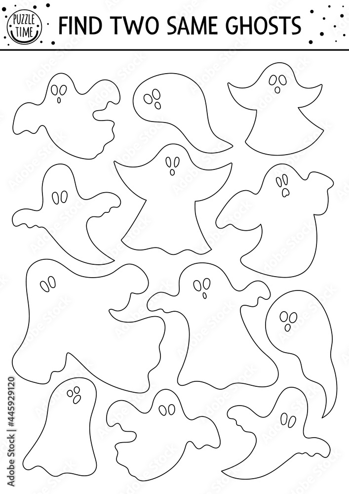 Find two same ghosts. Halloween black and white matching activity for ...