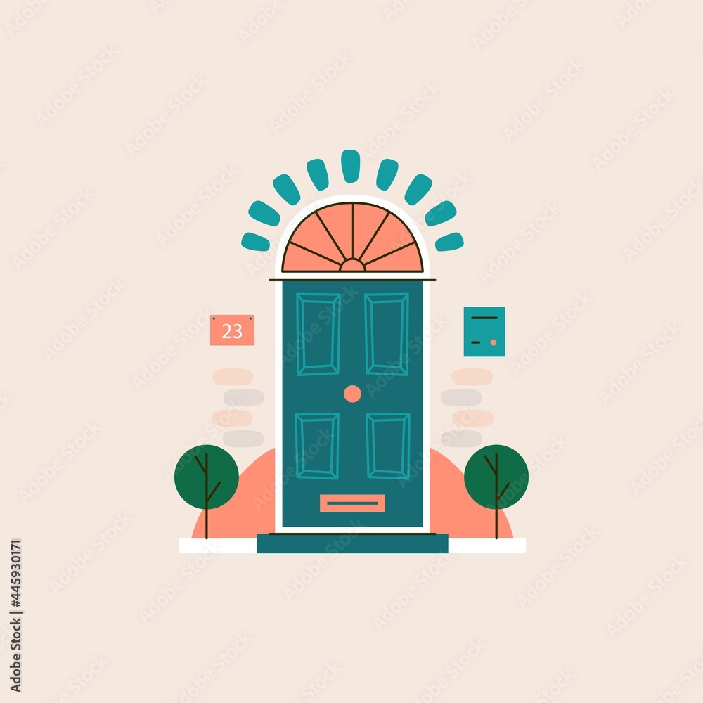 Modern front house door. Abstract hand drawn retro doorstep, home ...
