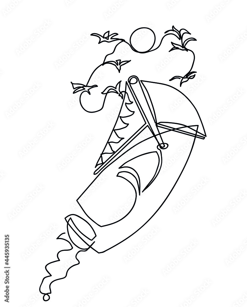 One line drawing of aerial view of sailing boat One continuous line ...