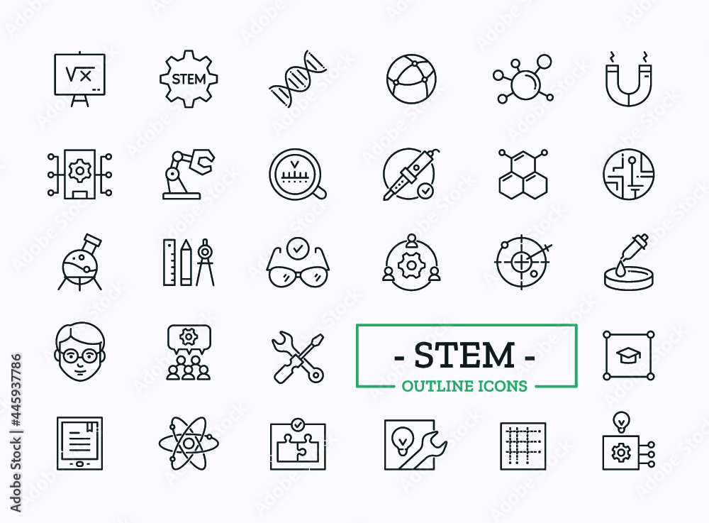 Vector Stem education thin line icons with symbols of Science ...
