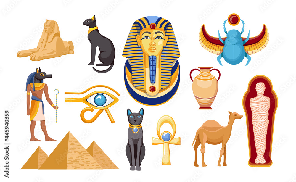 Set of Ancient Egypt Religious Symbols and Landmarks. Sphinx, Scarab ...